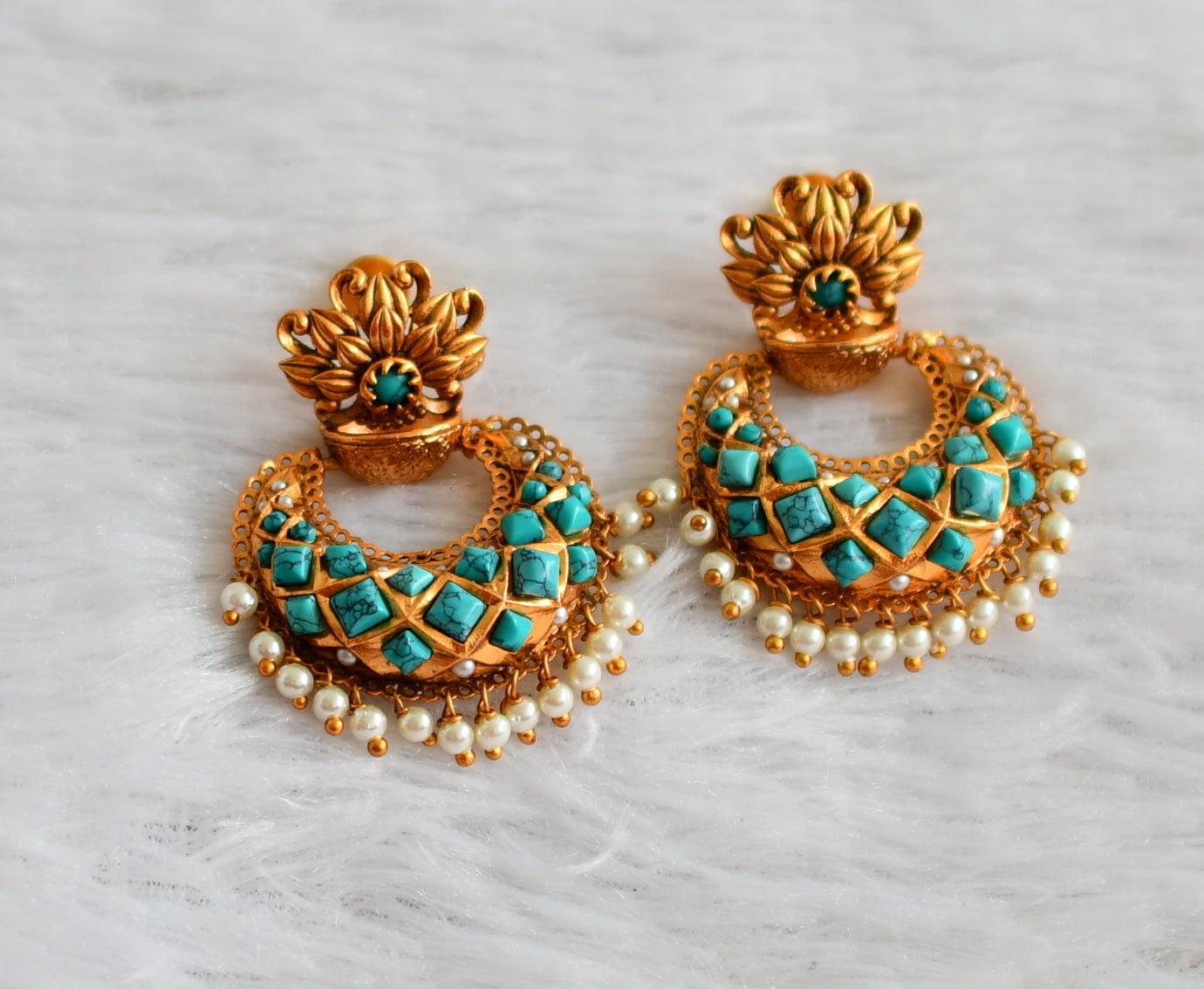 Matte finish turquoise blue-pearl flower bali earrings dj-47812 ...