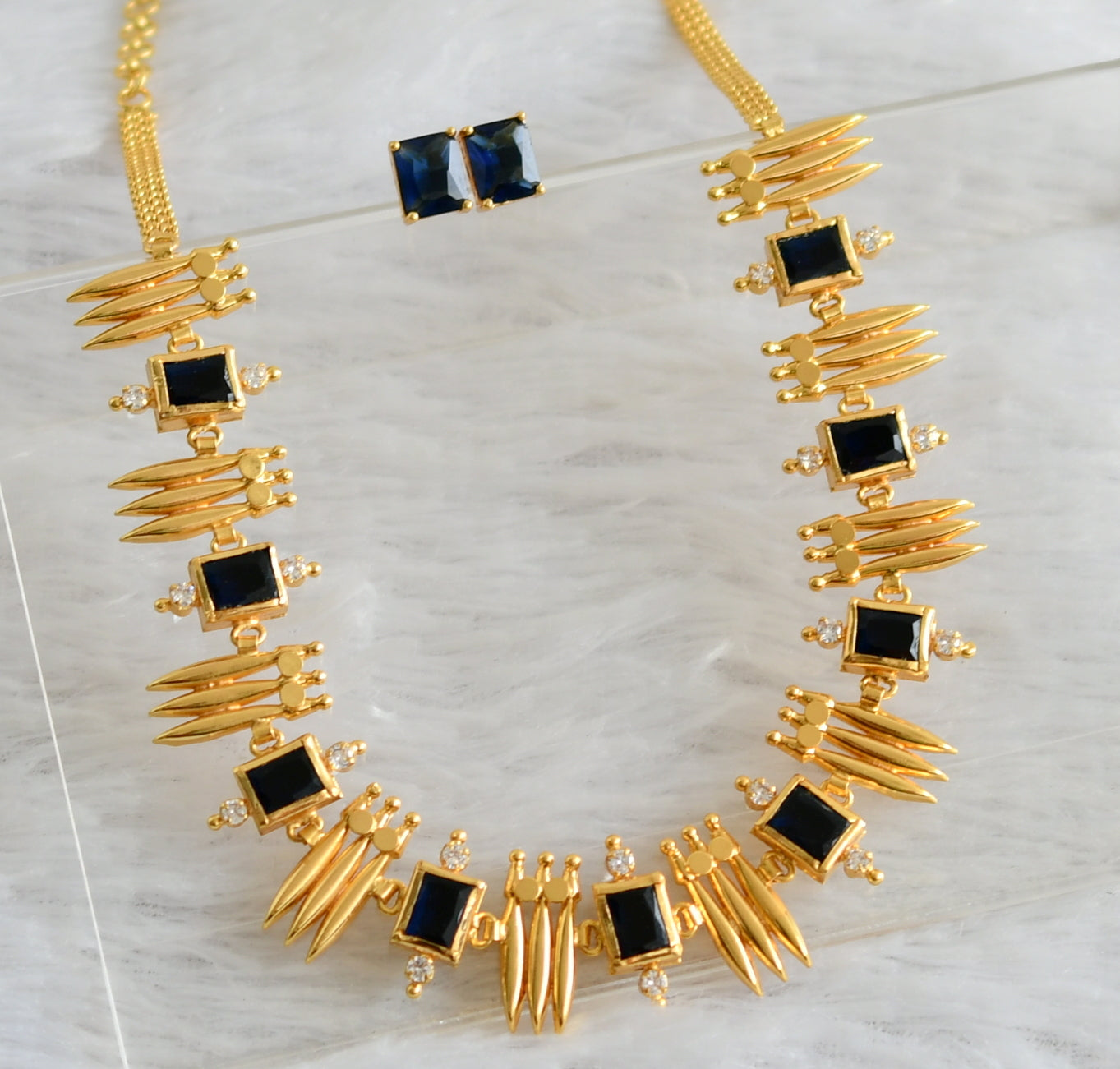 Gold tone blue block stone kerala style mulla mottu necklace set dj-47 ...