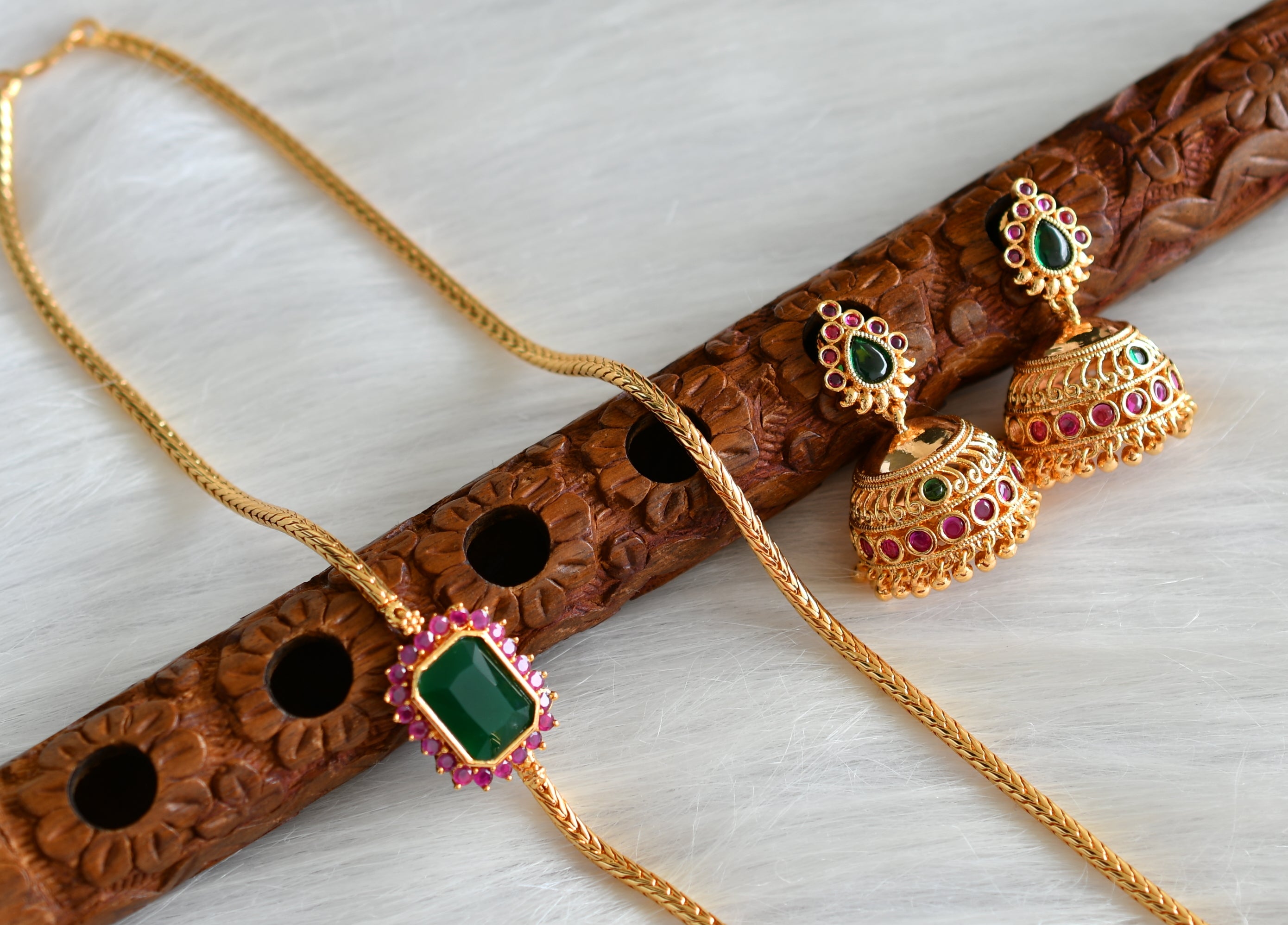 Gold tone Kemp-green block stone mugappu chain with jhumkka dj-42999 ...