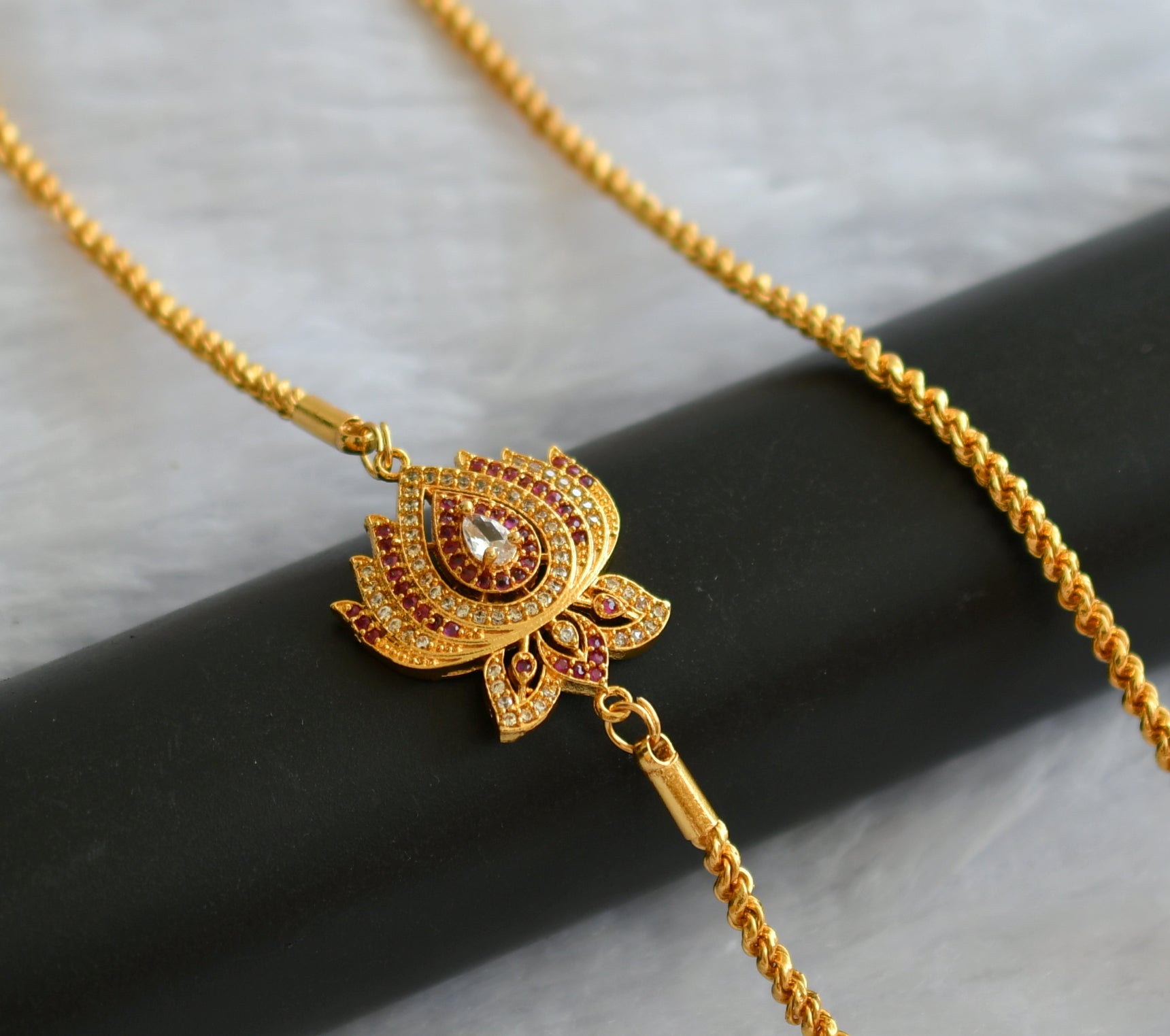 Gold tone ruby-white stone lotus rope chain mugappu chain dj-46384 ...