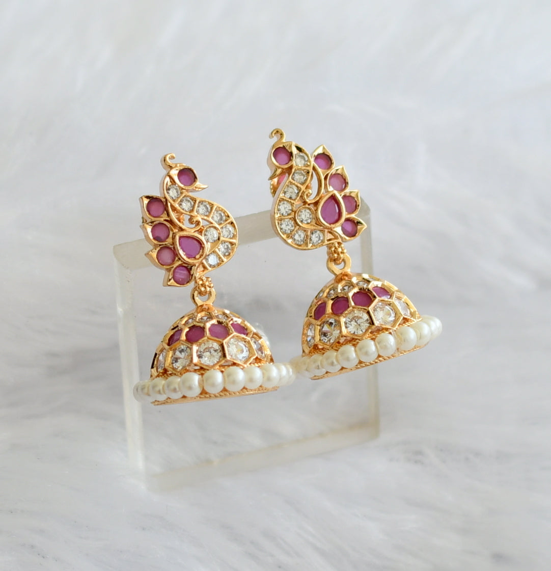 Gold tone ad ruby-white-pearl peacock jhumkka dj-46470 – dreamjwell