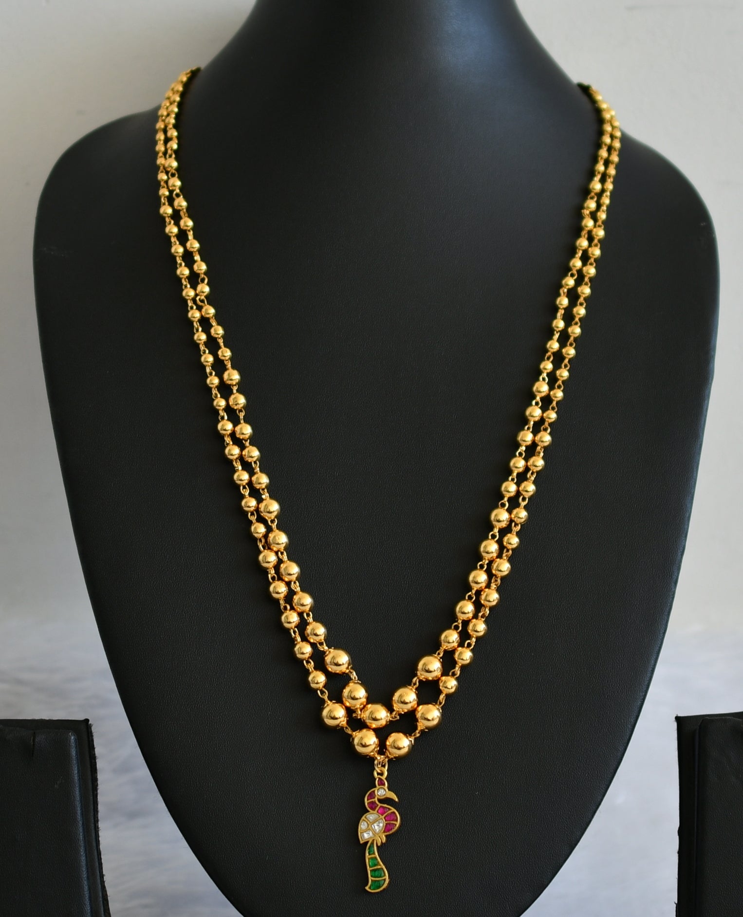 Gold tone double layer ball chain with pink-green-white kundan jadau p ...