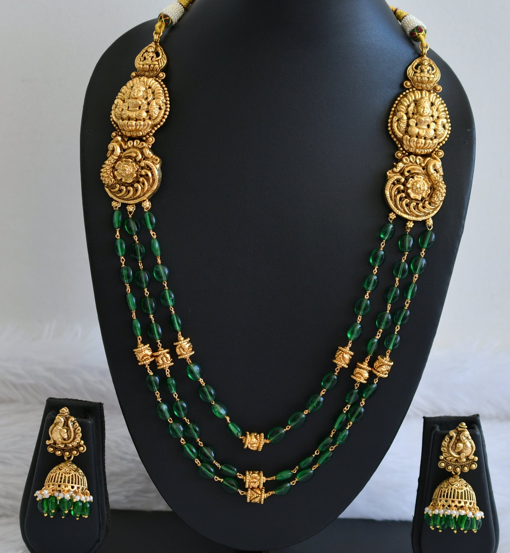 Antique gold tone green beaded multi layer lakshmi short haar set dj-5 ...