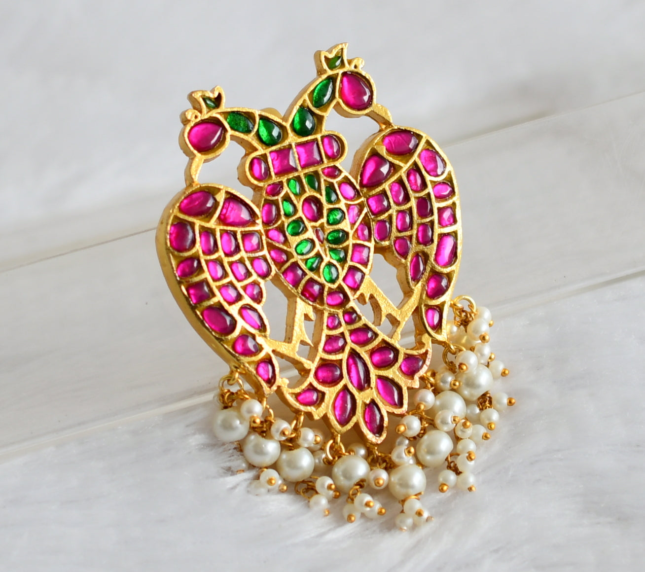 Gold tone pink-green kundan jadau pearl beaded ganda berunda pendant d ...