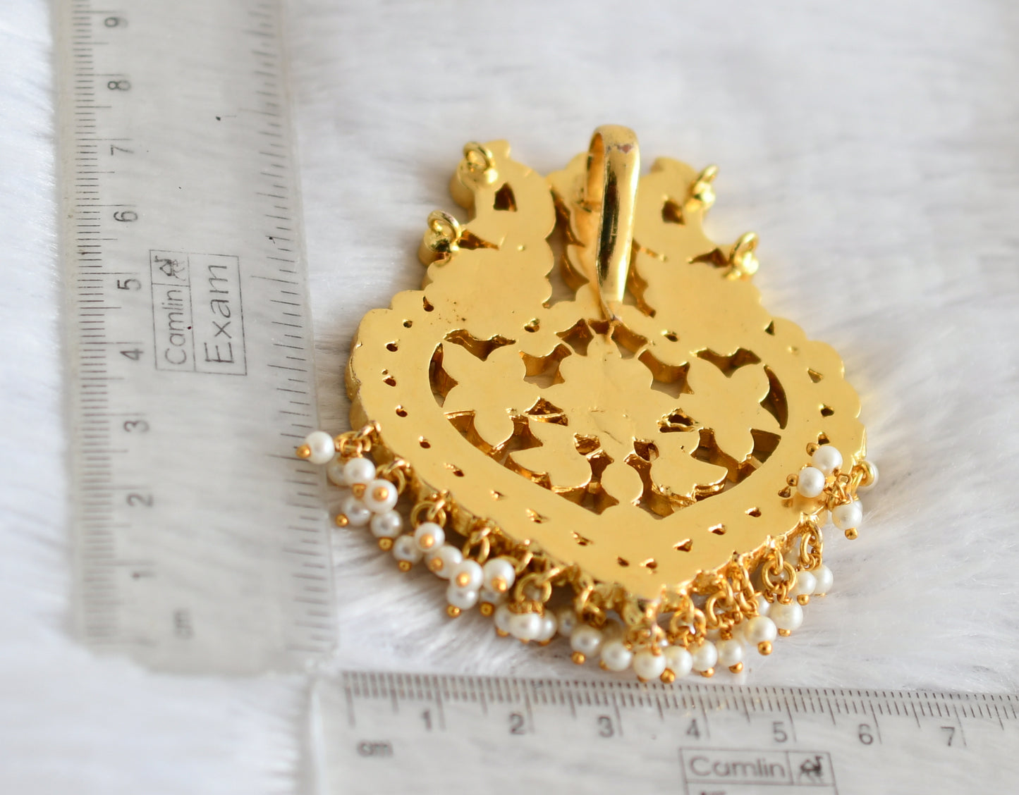 Gold tone pink-white-turquoise blue kundan jadau peacock pendant dj-50 – dreamjwell