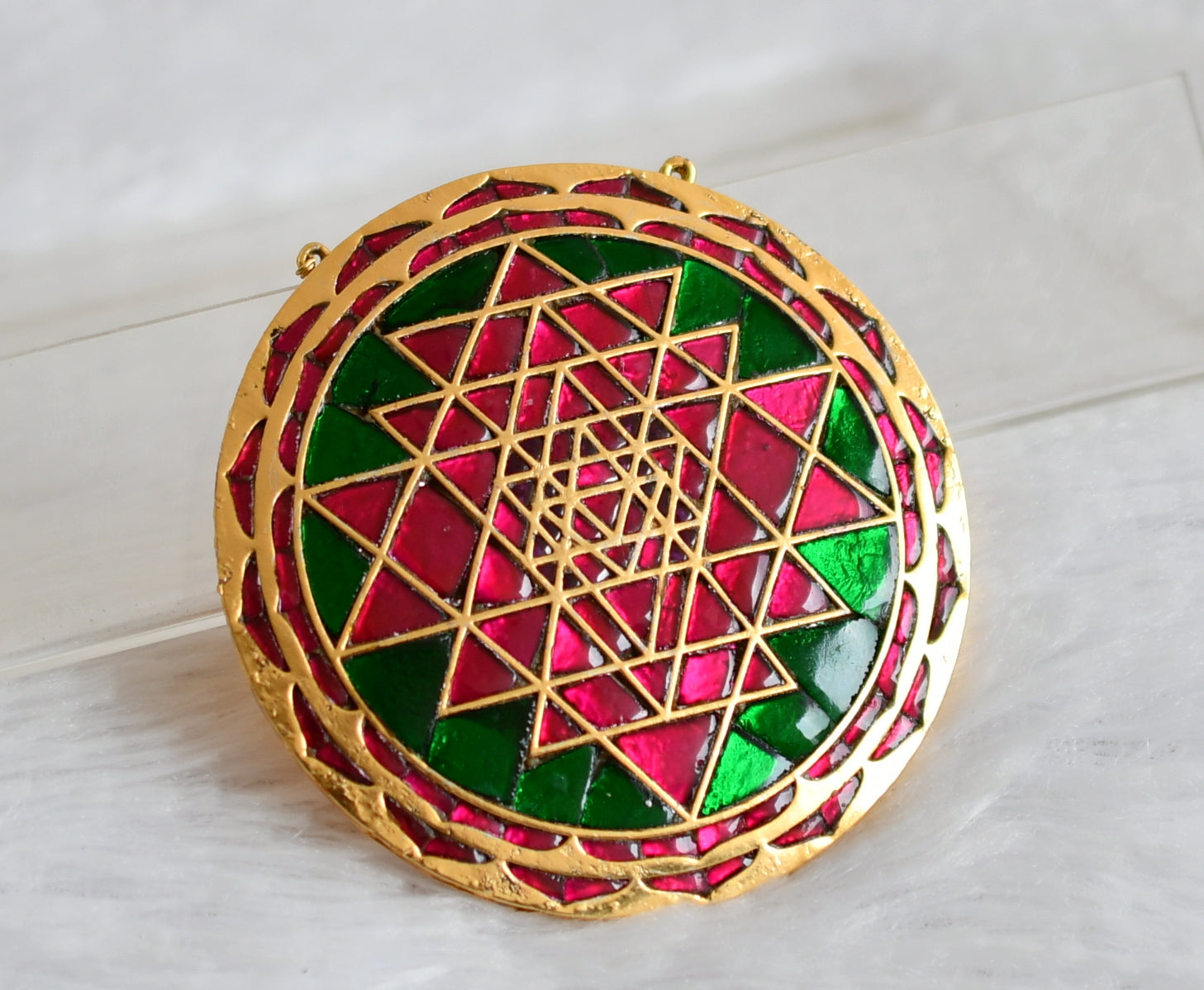 Gold tone pink-green kundan jadau shri chakram round pendant dj-50224 ...