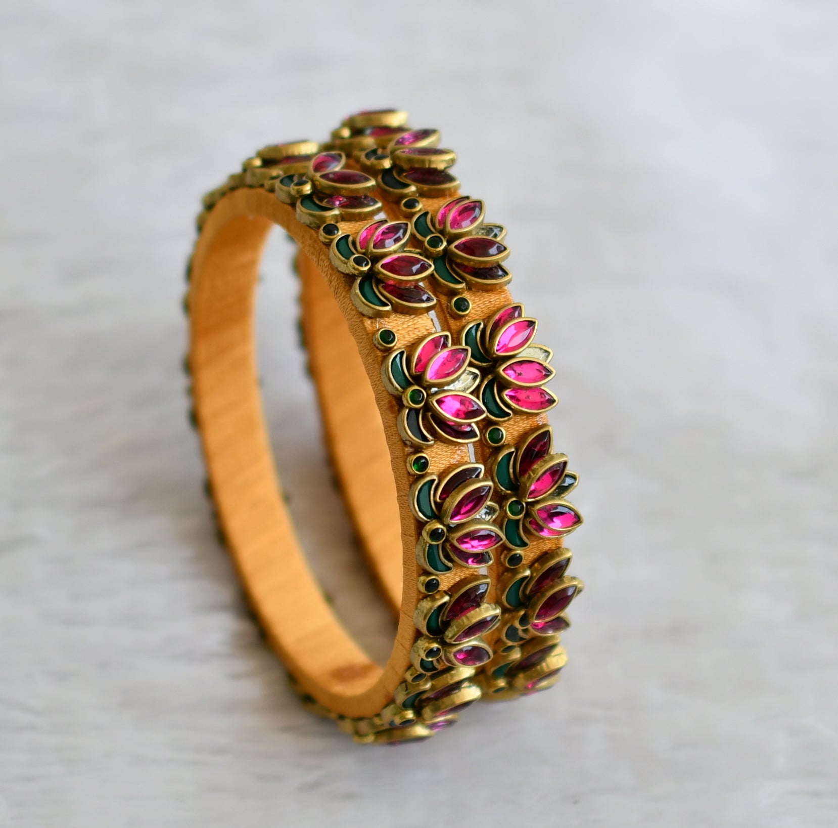 Gold tone silk thread pink-green lotus kundan bangles(2.12) dj-50266 ...
