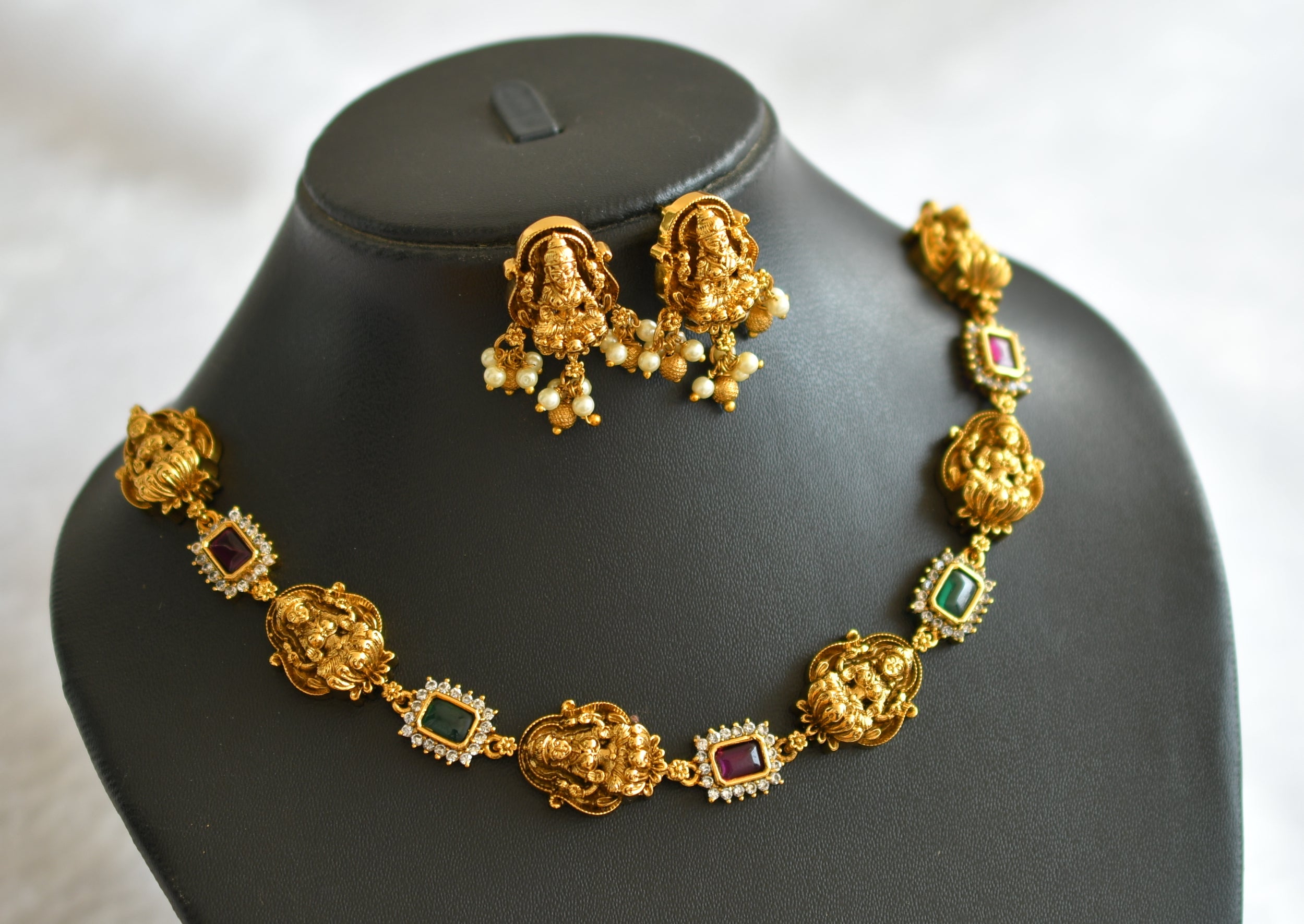 Antique gold tone kemp-green-white block stone lakshmi necklace set dj ...