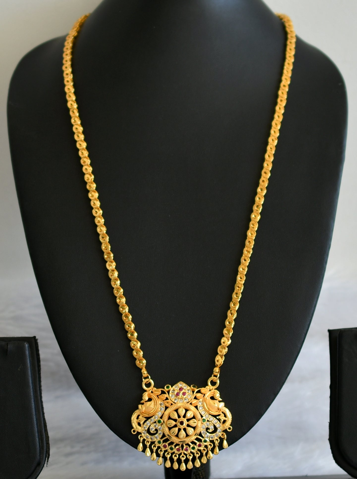 Gold tone 24 inches chain with ad pink-green-white peacock flower pend ...