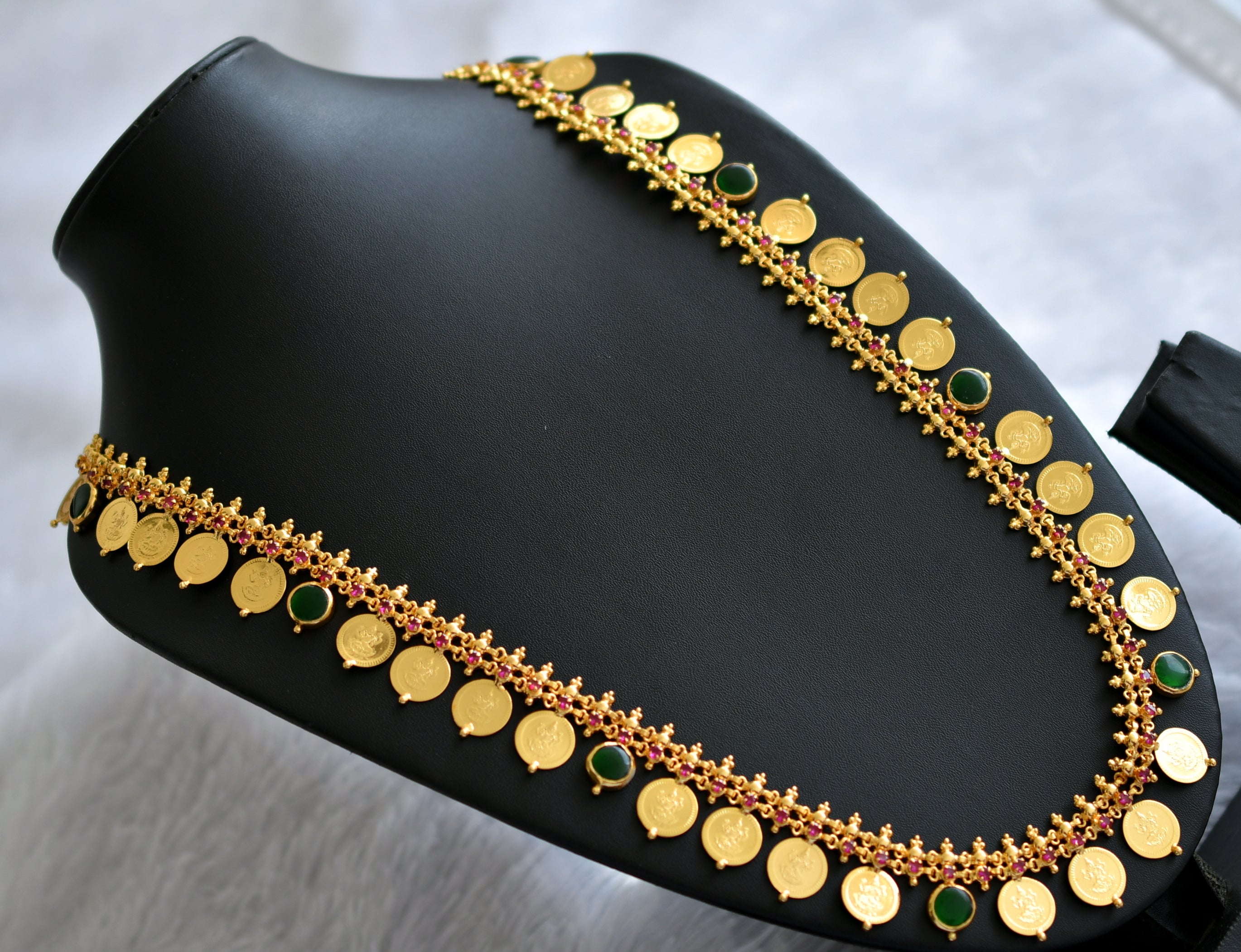 Gold look alike kerala style pink-green round laksmi coin haar dj-4666 ...