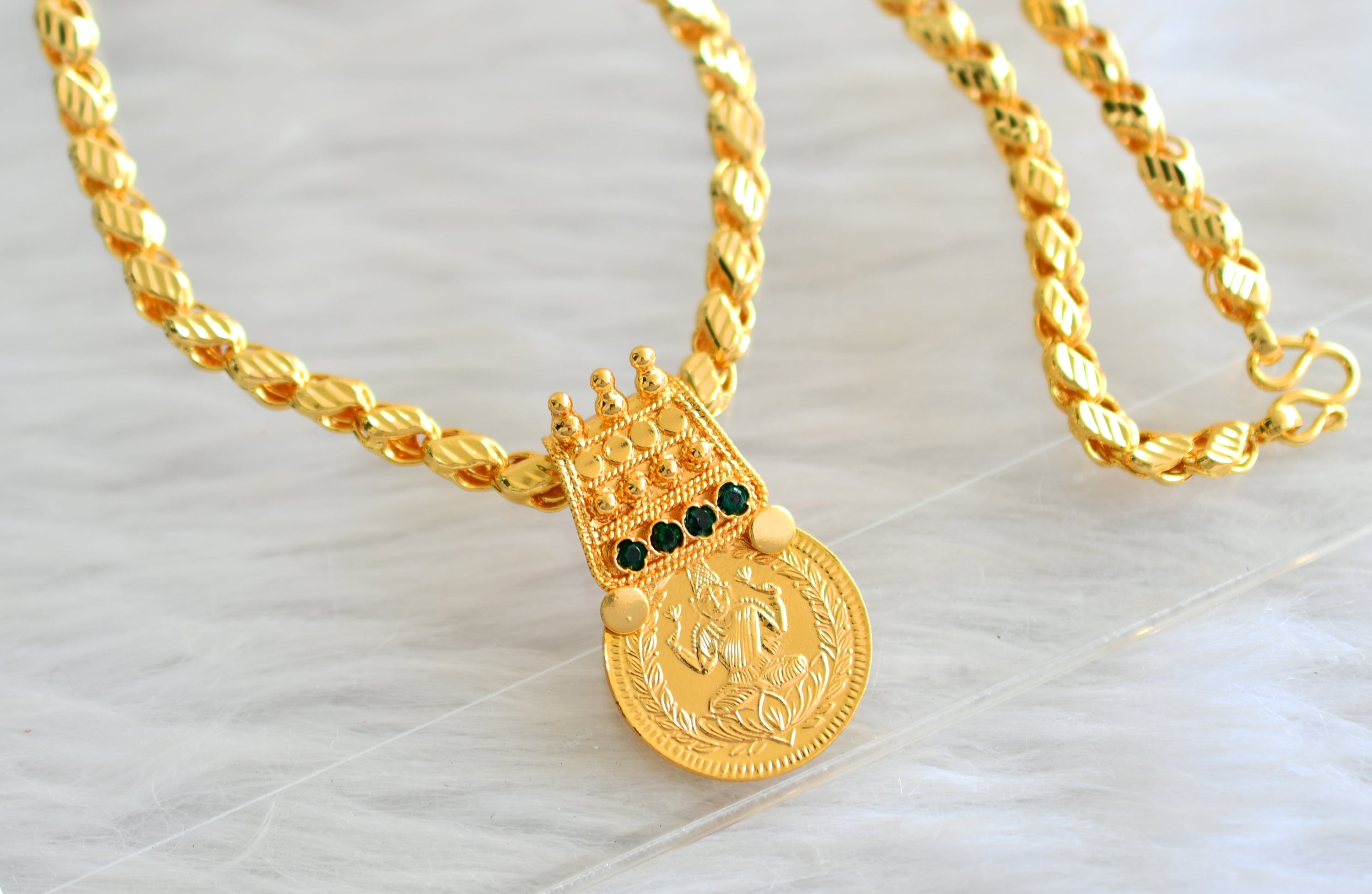 Gold tone 24 inches chain with green lakshmi round pendant dj-43456 ...
