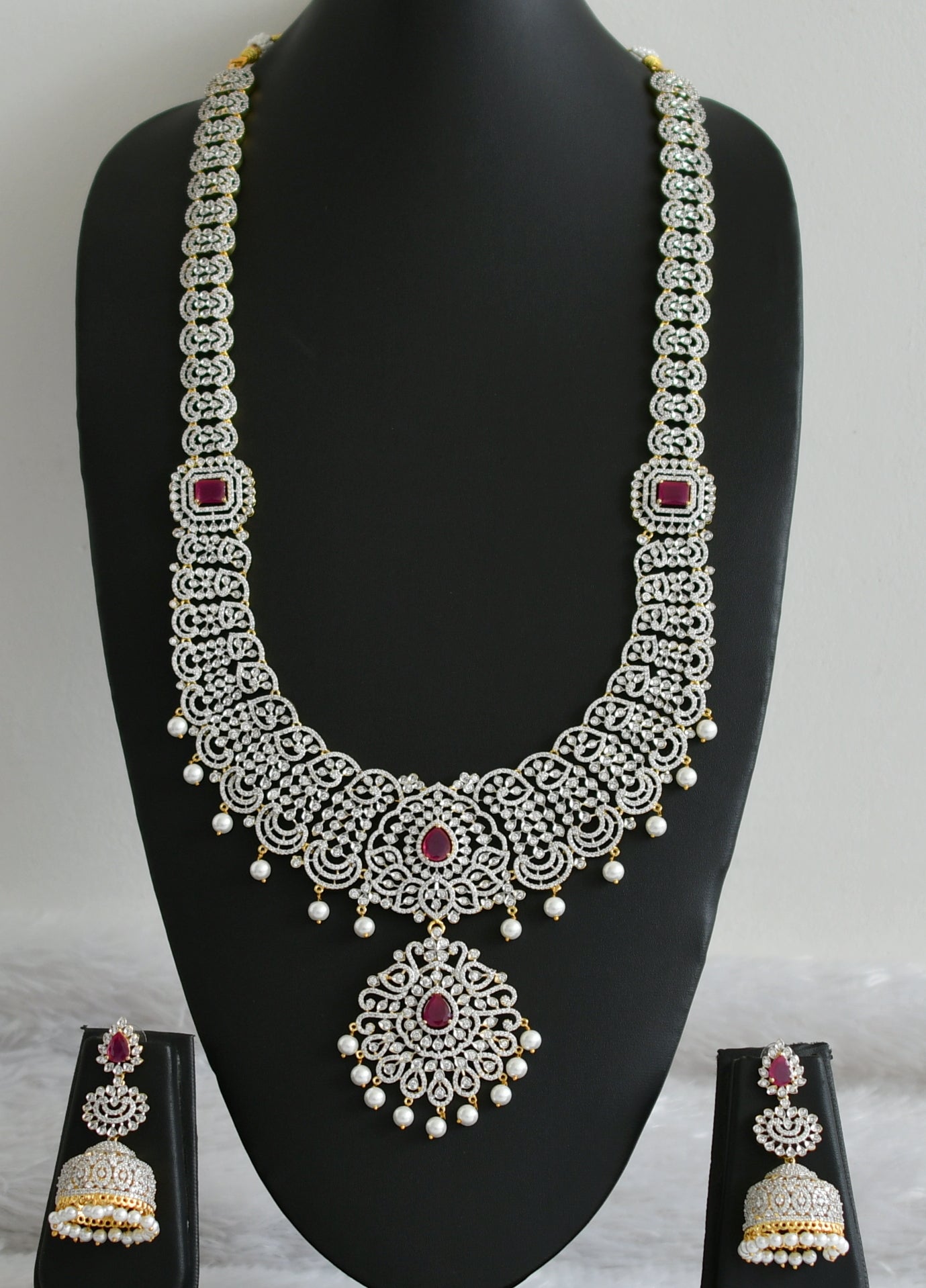 Two tone cz white-ruby pearl haar set dj-48519 – dreamjwell
