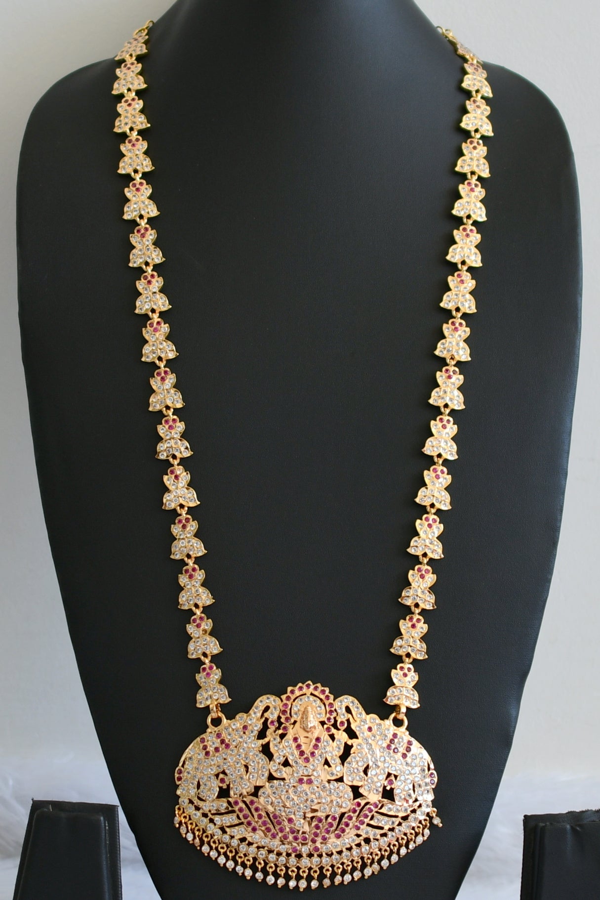 Gold tone south indian style grand AD pink-white gaja lakshmi haar dj ...