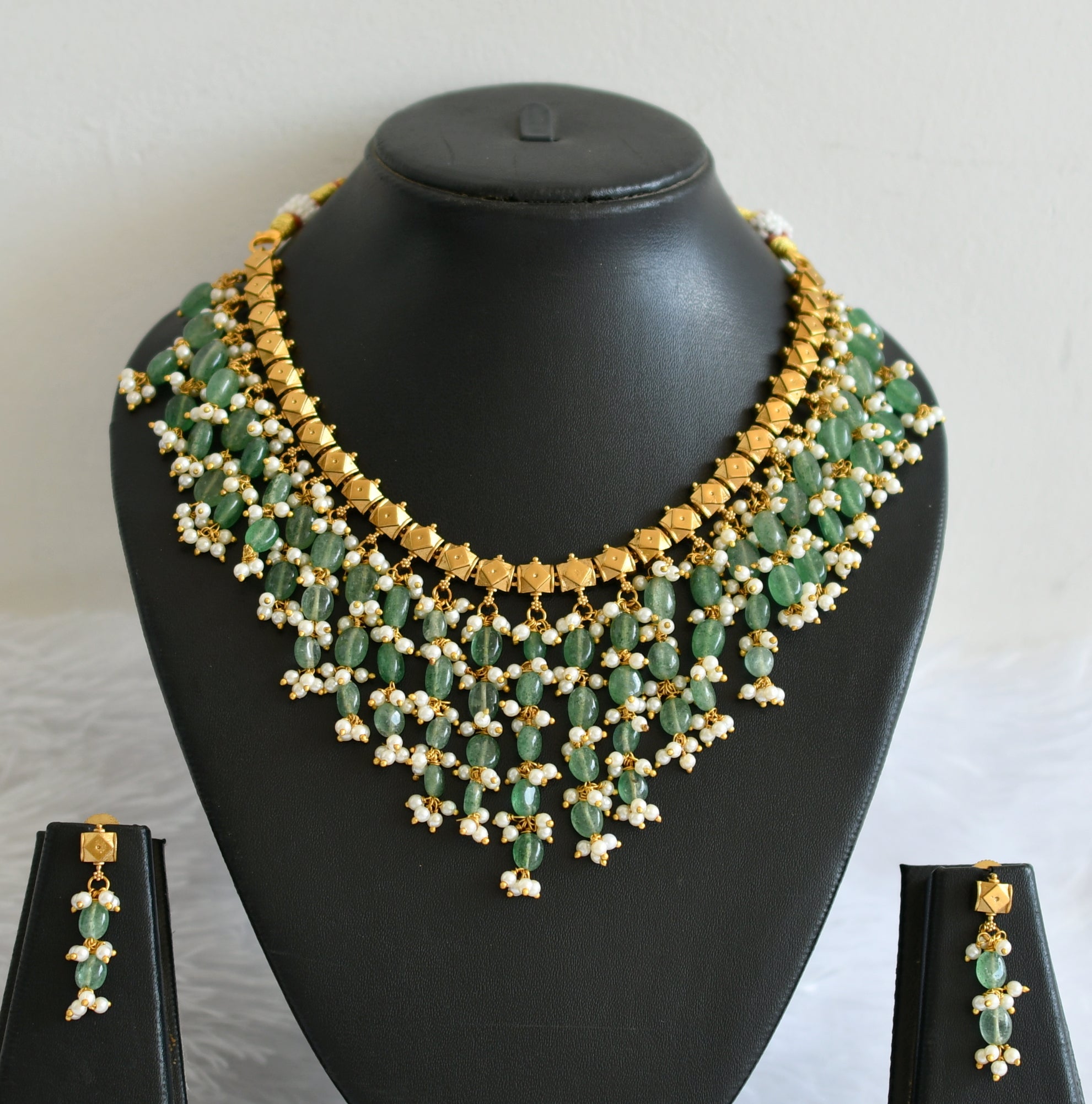 Matte finish sea green beaded pearl necklace set dj-50537 – dreamjwell