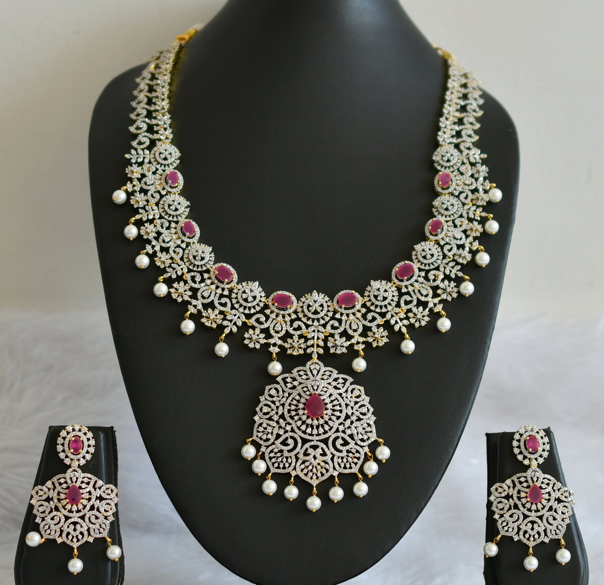 Two tone cz ruby pearl bead flower short haar set dj-50547 – dreamjwell