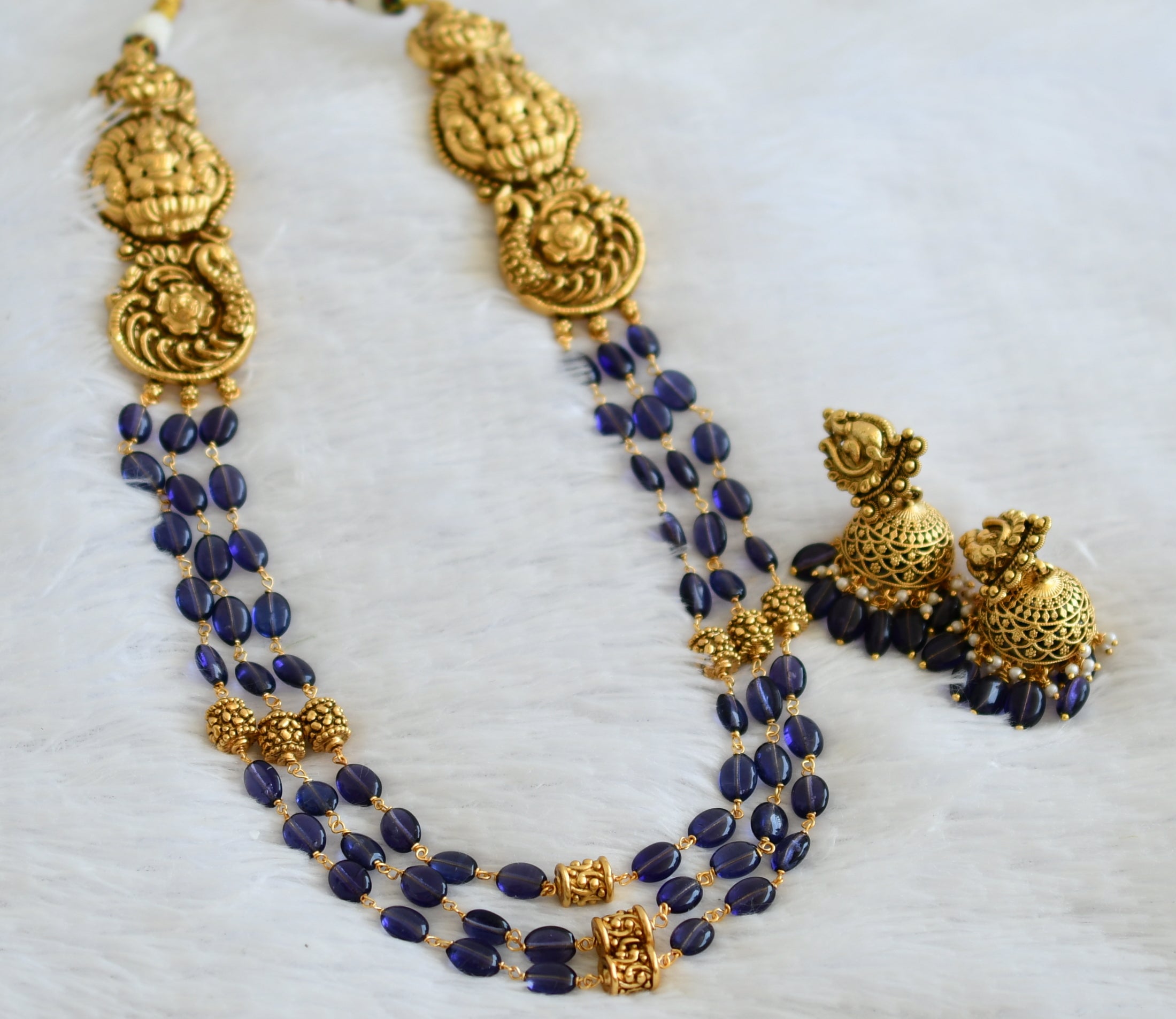 Antique gold tone purple beaded lakshmi peacock short haar set dj-5057 ...