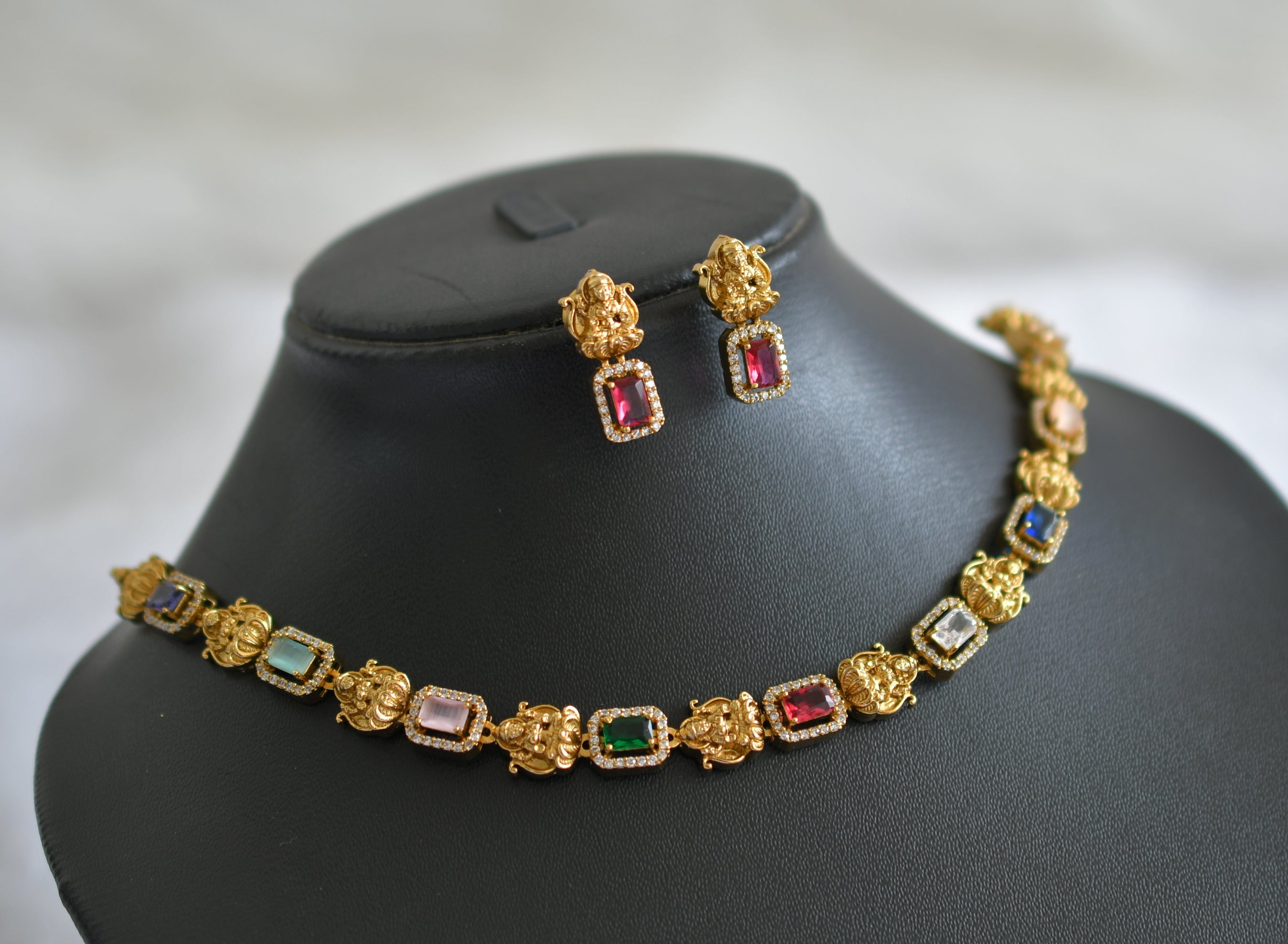 Matte finish cz multi color block stone lakshmi necklace set dj-46929 ...