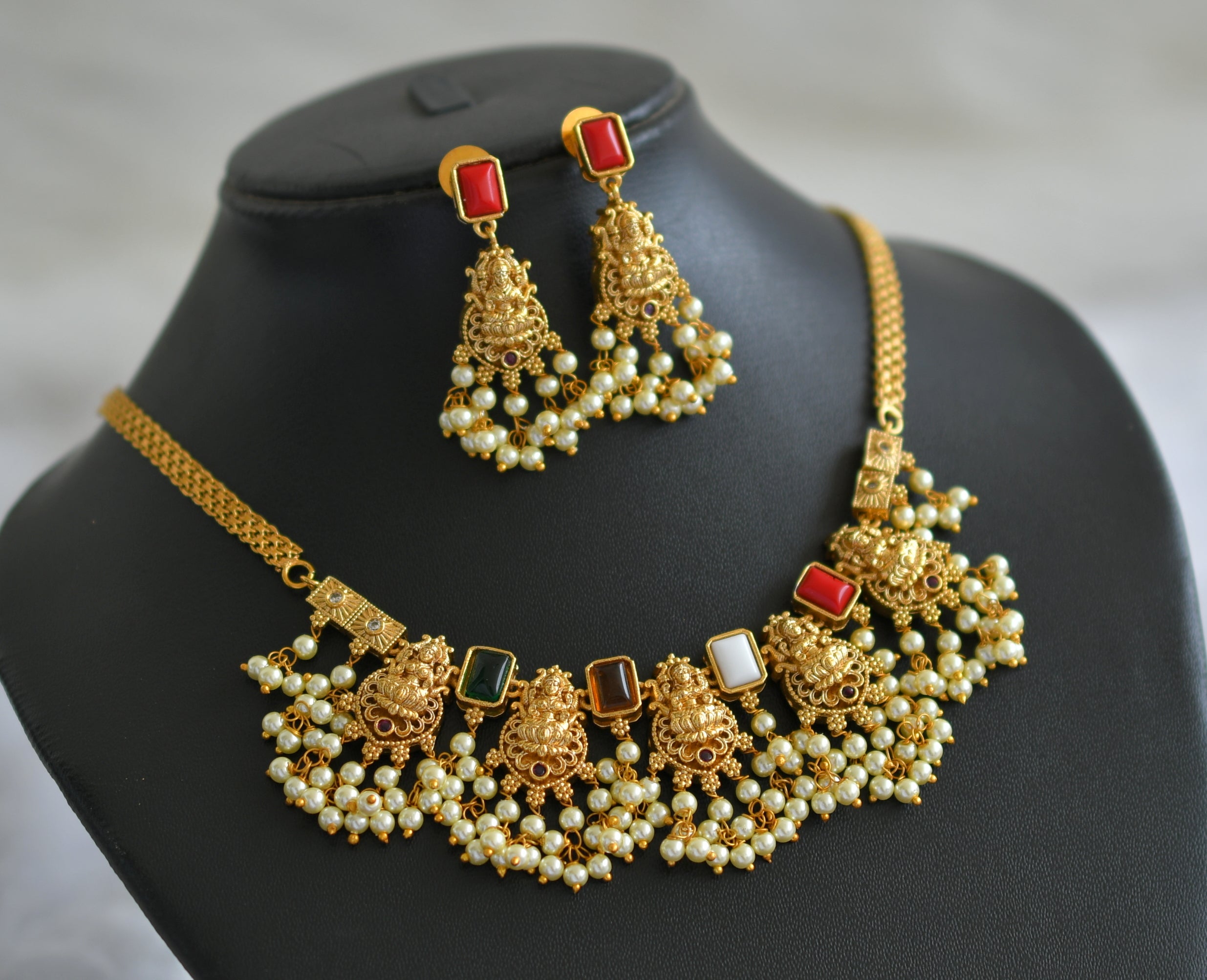 Matte finish multi color block stone lakshmi gutta pusalu necklace set ...