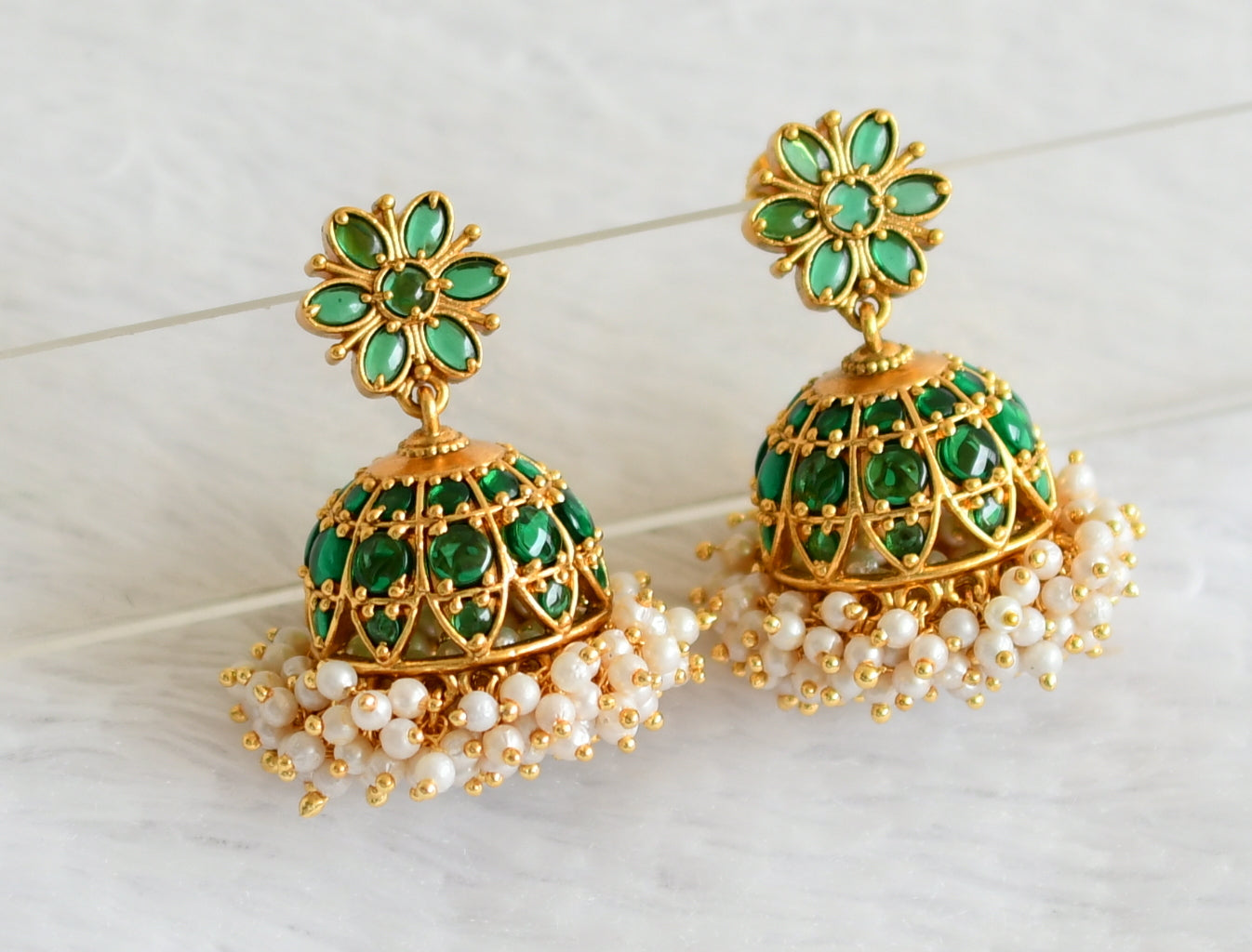 Matte finish green stone pearl cluster flower jhumkka dj-50520 – dreamjwell