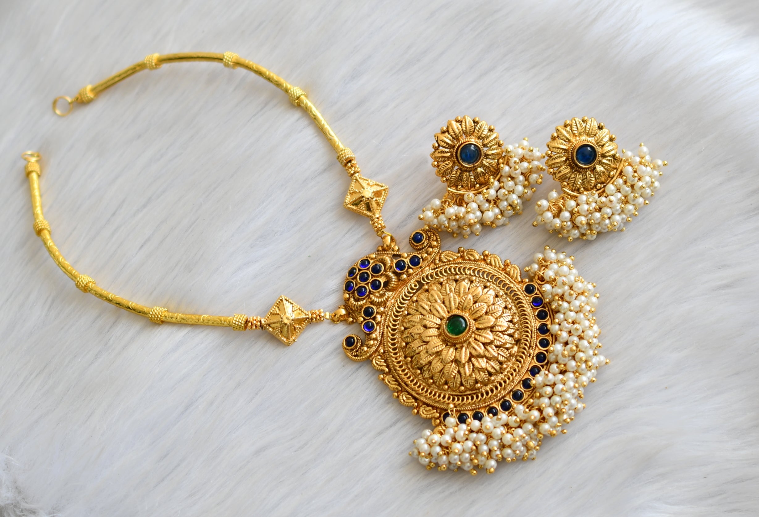 Antique blue-green pearl cluster necklace set dj-41041 – dreamjwell