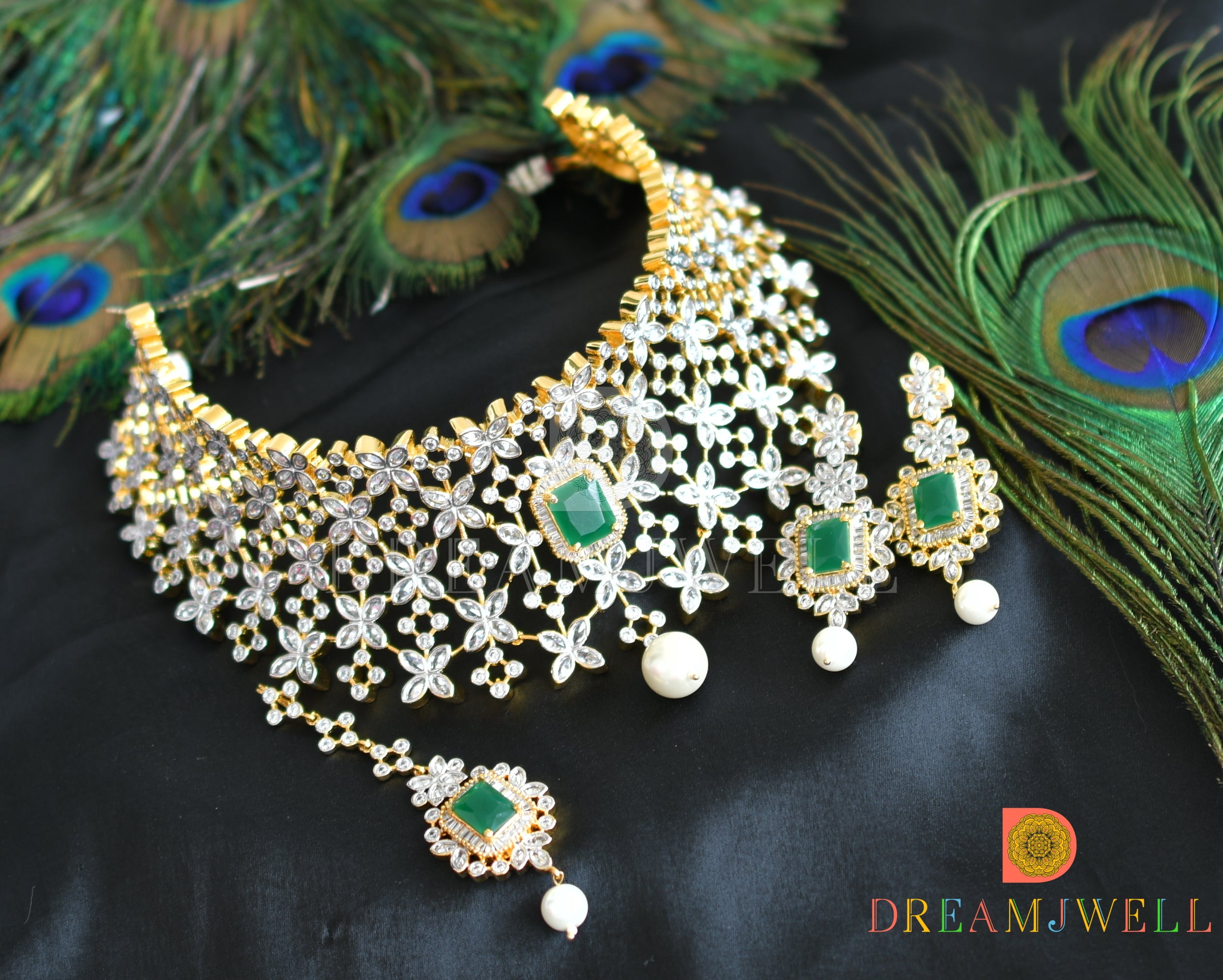 DREAMJWELL - Gorgeous Cz Two Tone Emerald Bridal Choker Necklace Set ...