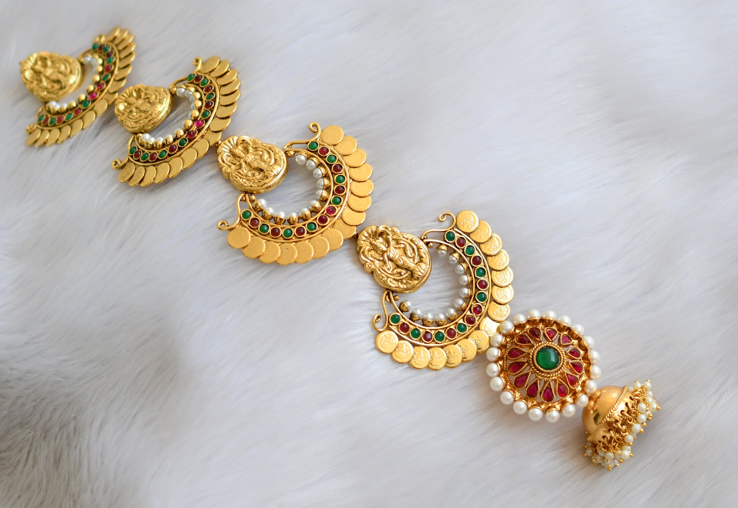 Antique gold tone kemp-green pearl Lakshmi coin hair jewel dj-40112 ...