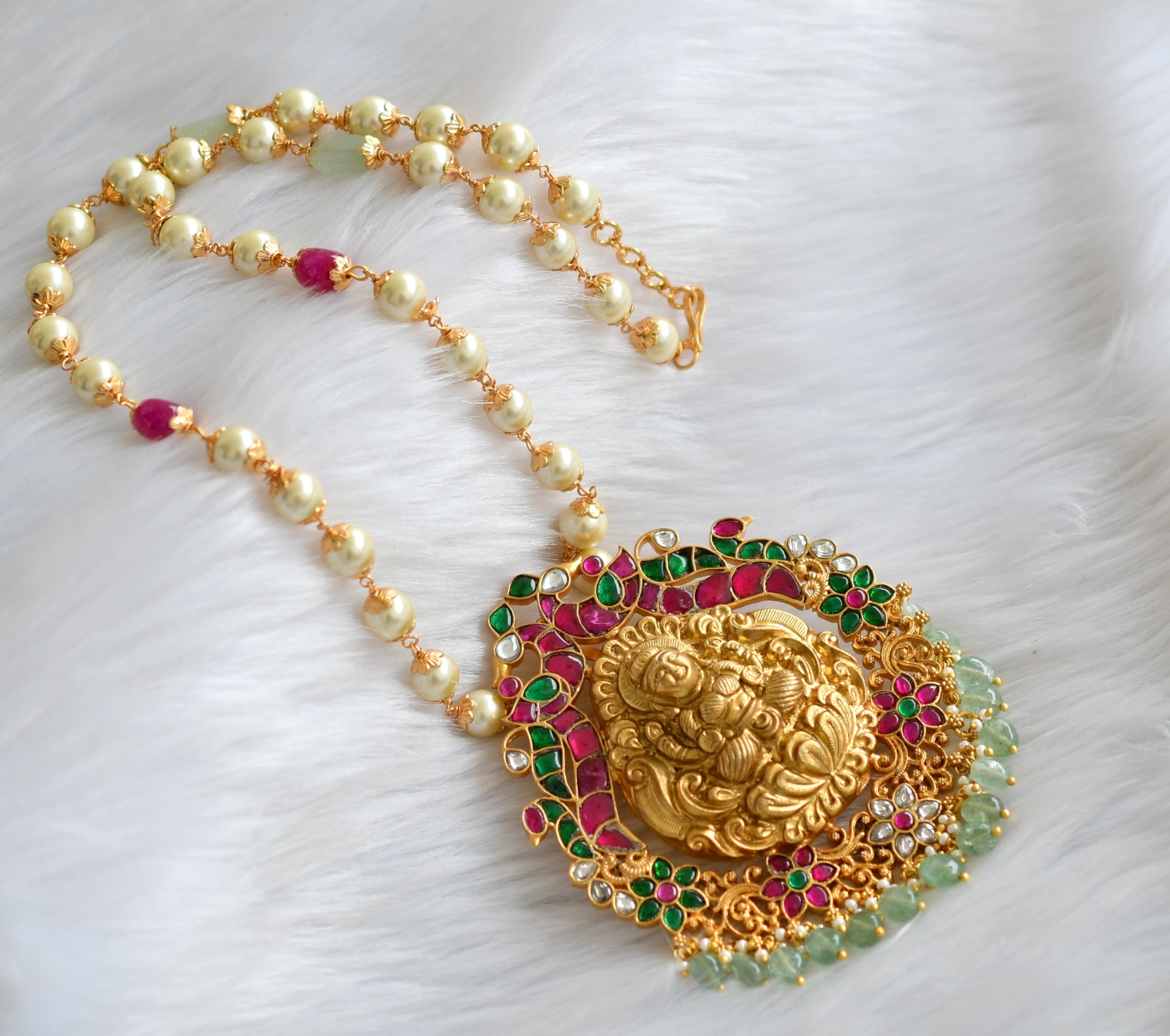 Gold tone pink-green-white kundan jadau big Lakshmi-peacock pendant ne – dreamjwell