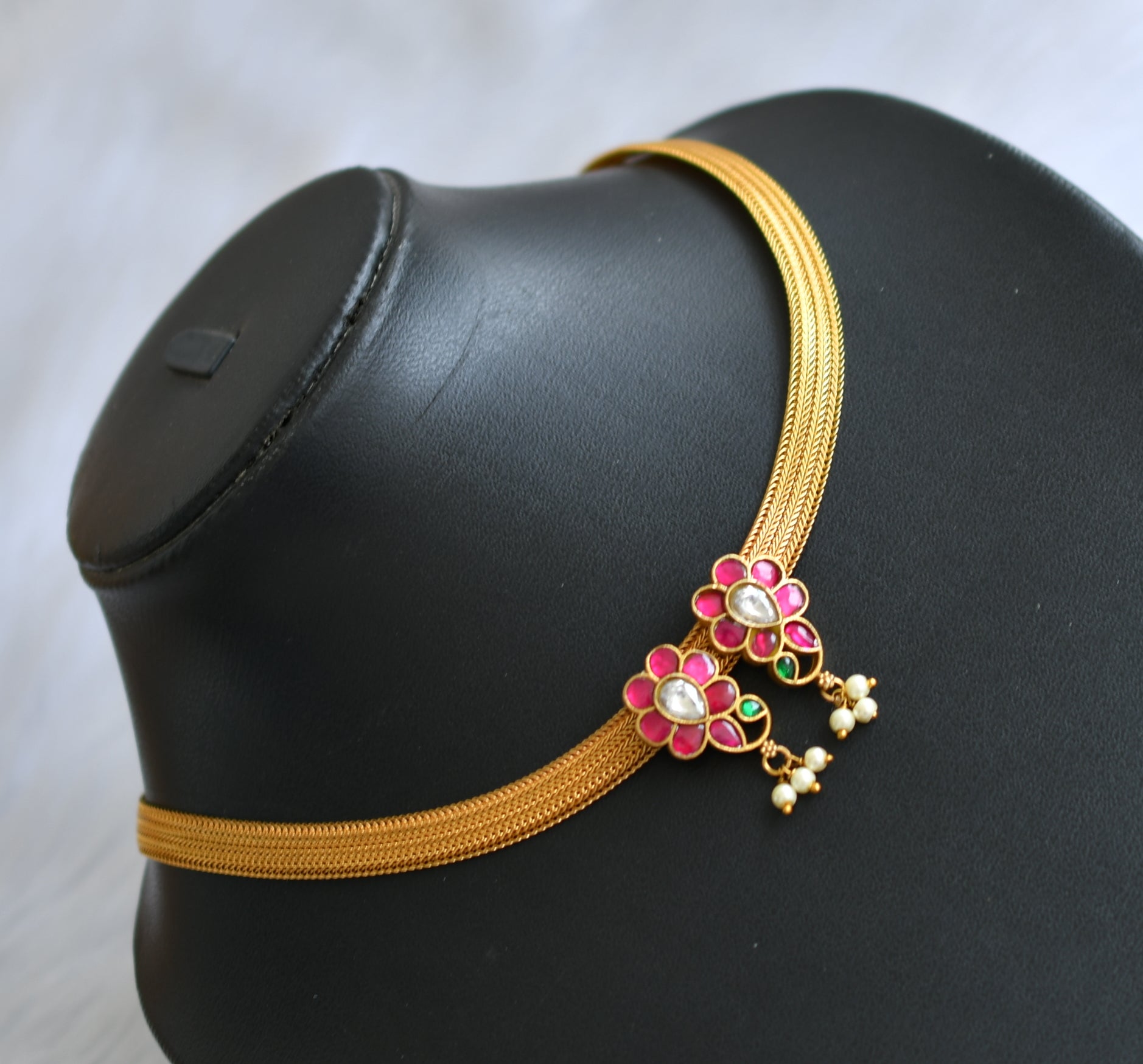 Gold tone pink-green-white kundan jadau mango necklace dj-39552 – dreamjwell