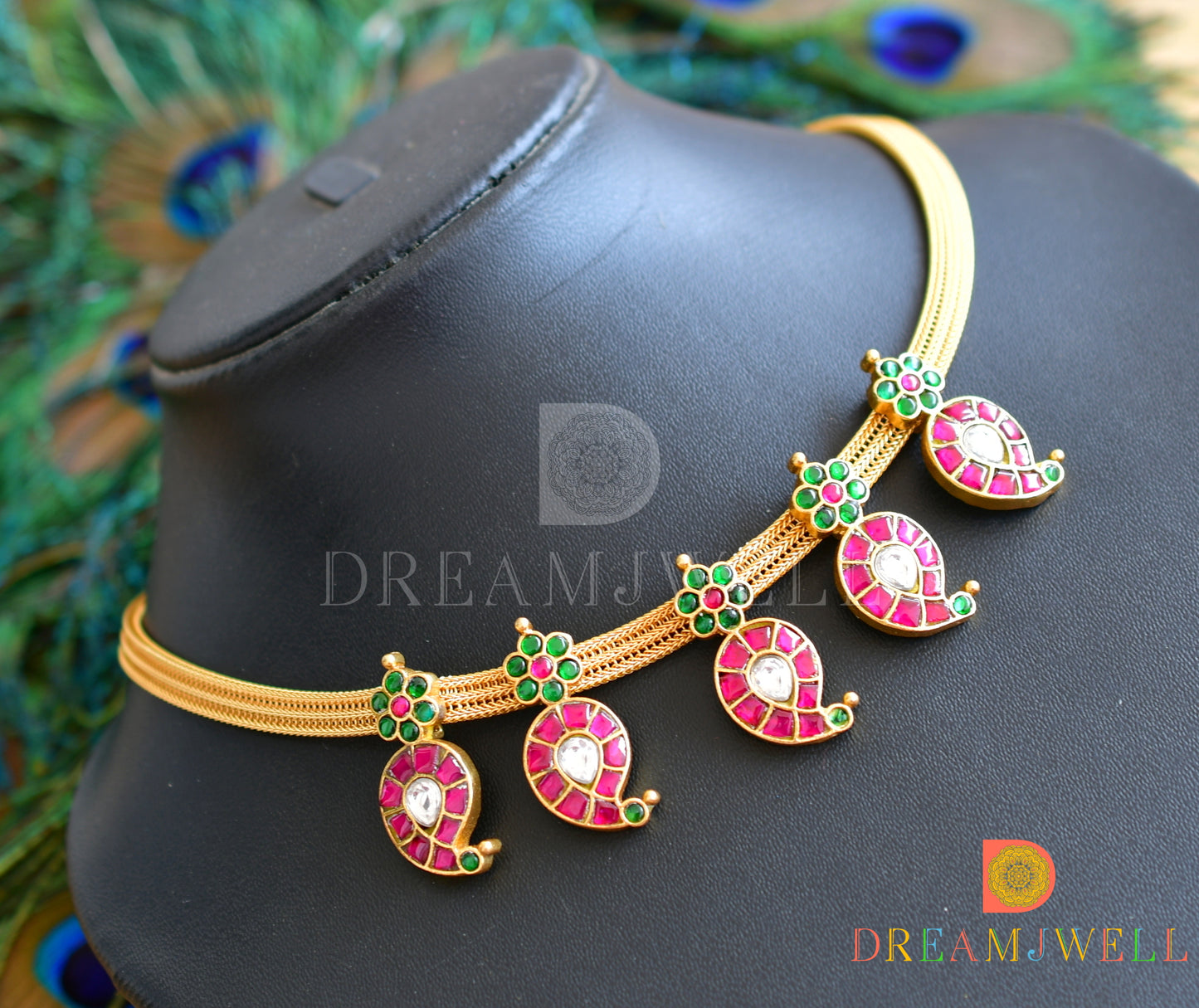 Gold tone Pink-green-white kundan jadau mango necklace dj-36553 – dreamjwell