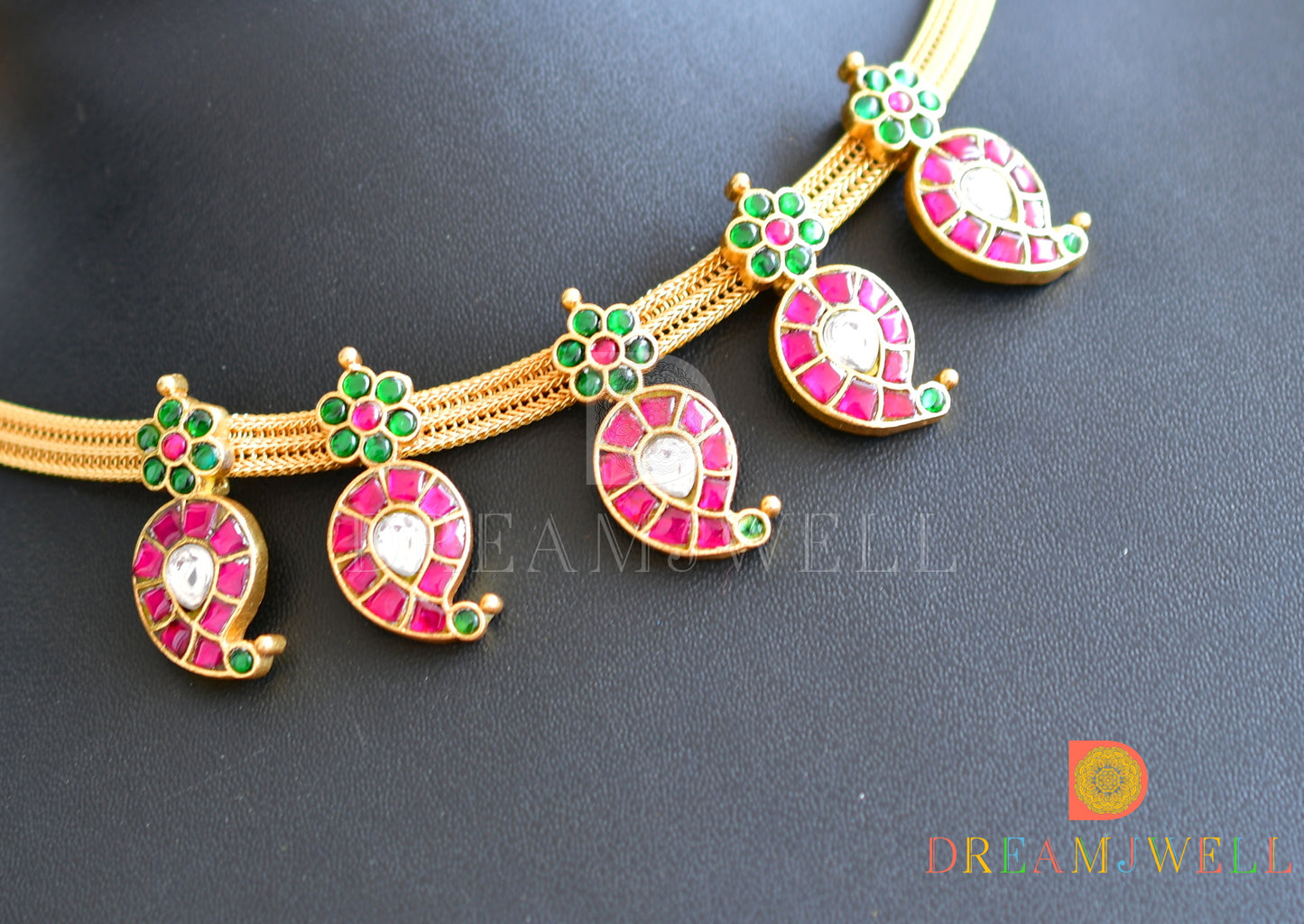 Gold tone Pink-green-white kundan jadau mango necklace dj-36553 – dreamjwell