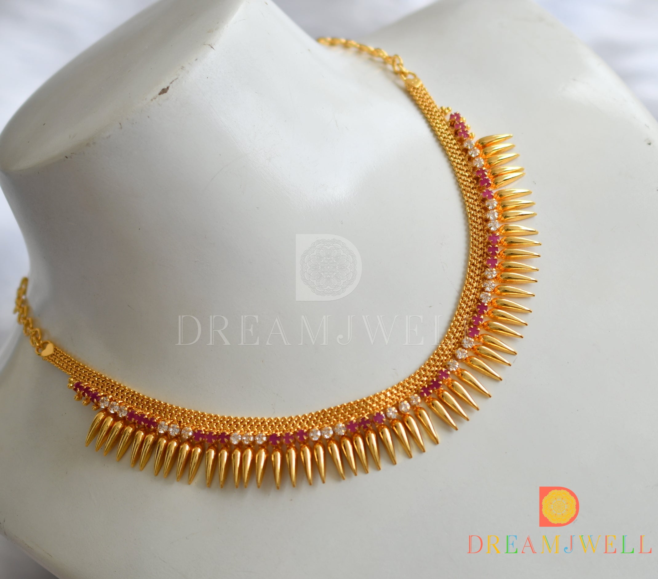 Gold tone pink-white stone mulla mottu Kerala style Necklace dj-38264 ...