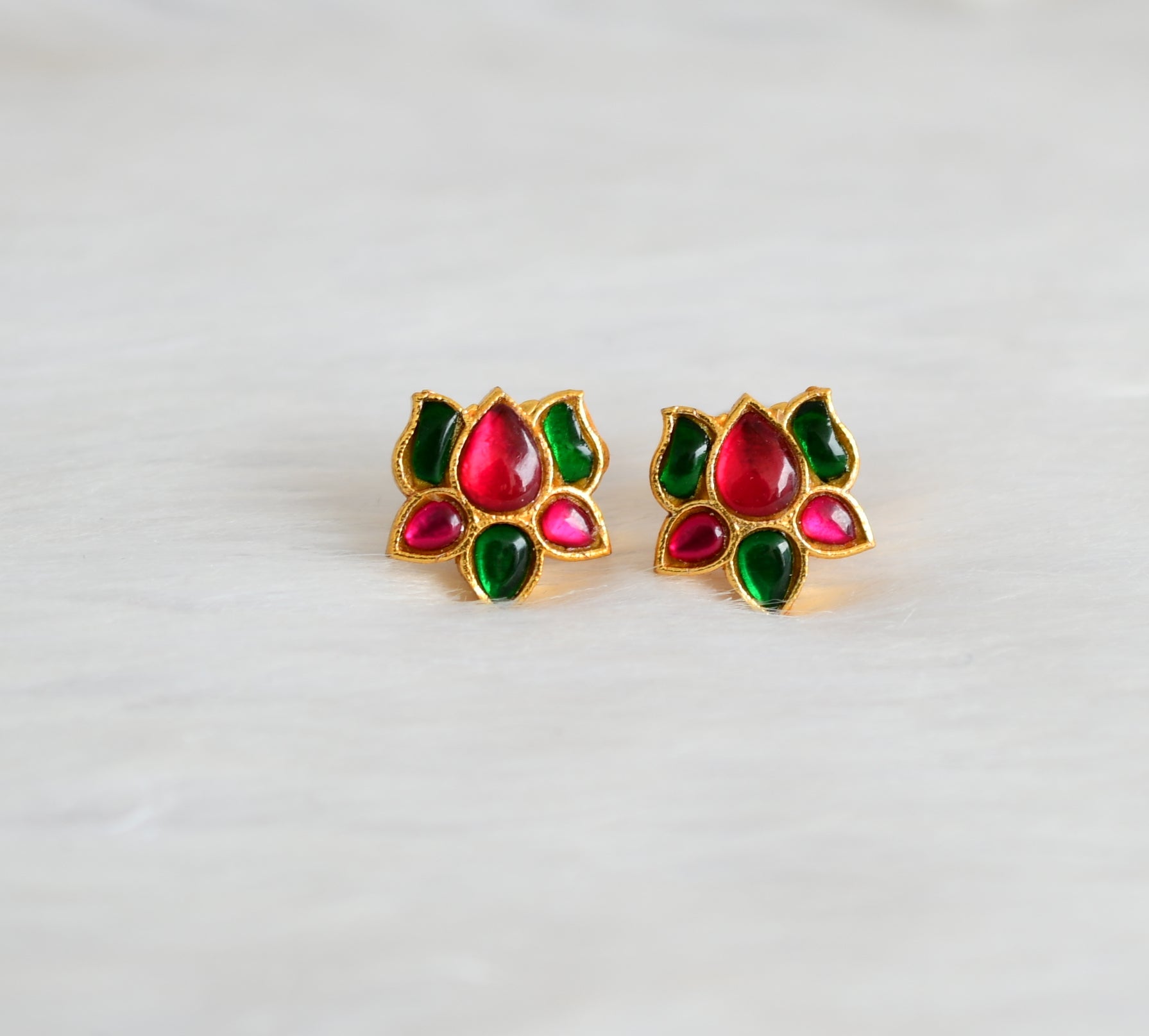 Gold tone pink-green kundan jadau Lotus earrings dj-39214 – dreamjwell