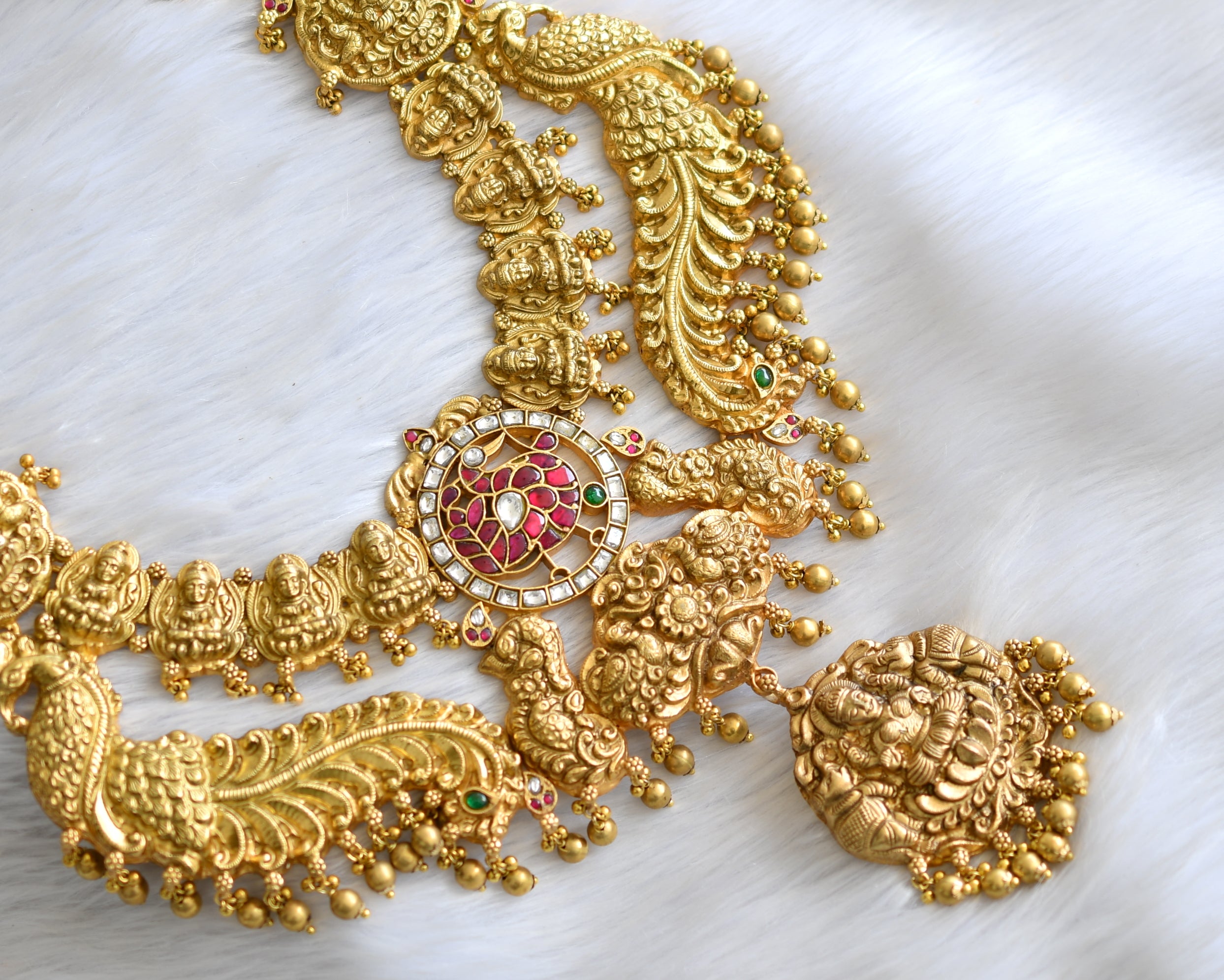 Antique gold look alike pink-white kundan jadau Lakshmi peacock haar d – dreamjwell