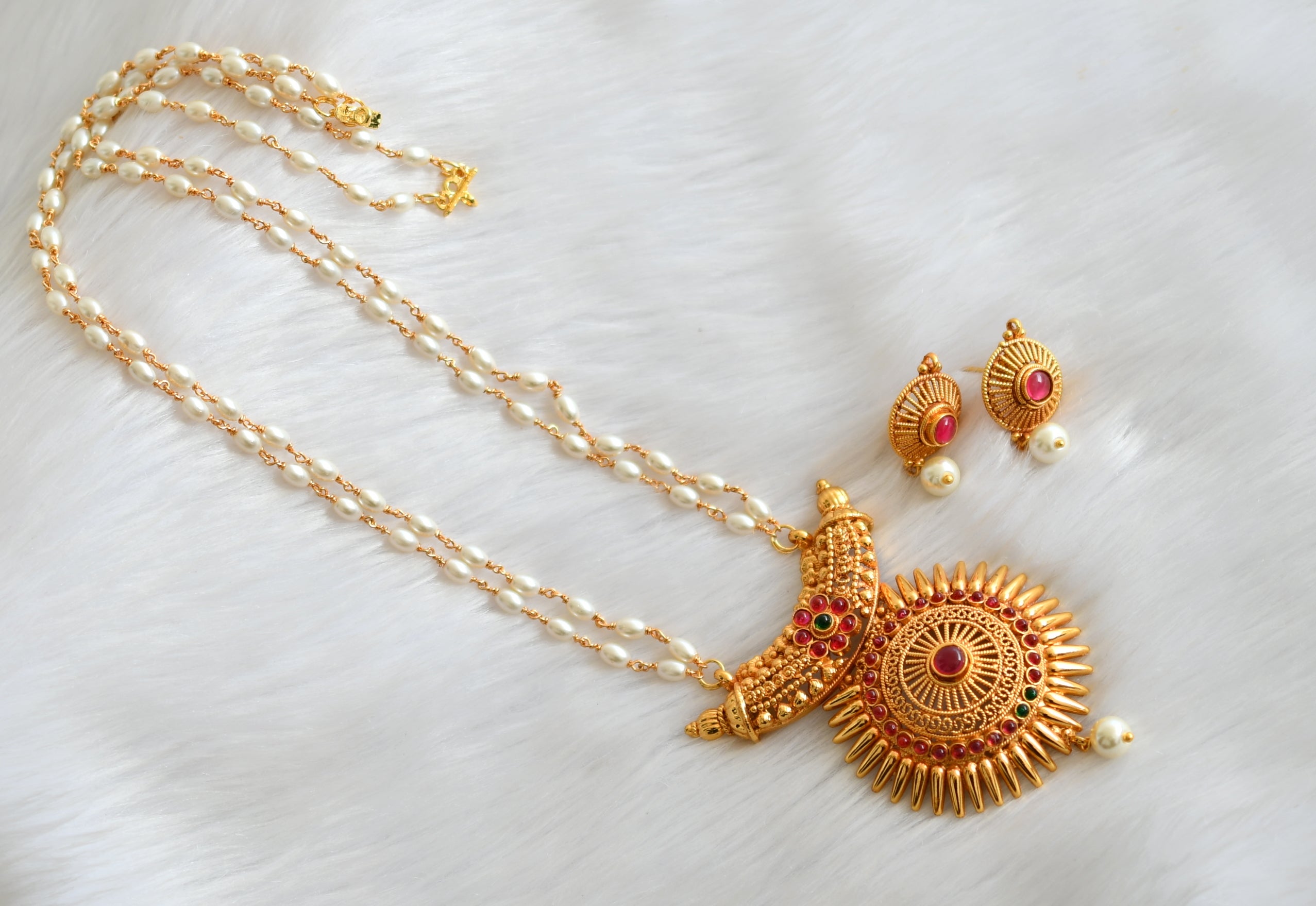 Antique gold tone kemp-green rice pearl double layer haar set dj-39909 ...