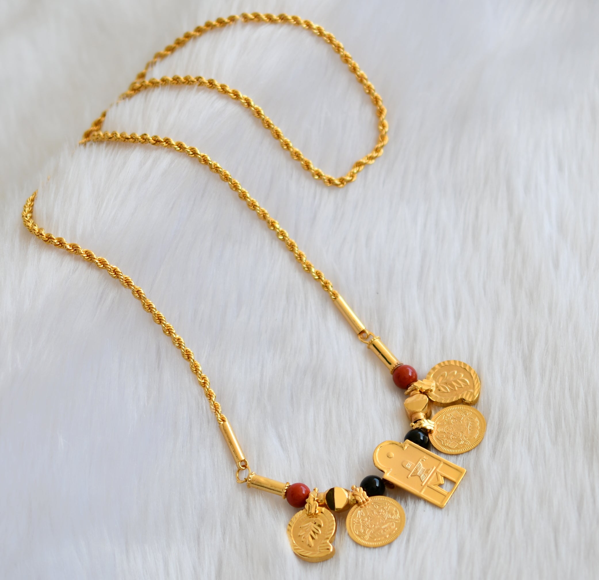 Gold tone black-coral beads mango-Lakshmi coin Shiva Lingam Thiru mang ...