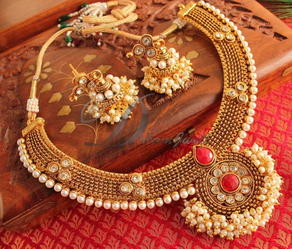 DREAMJWELL - Gorgeous Antique Red Pearl Cluster Necklace Set -dj16353 ...